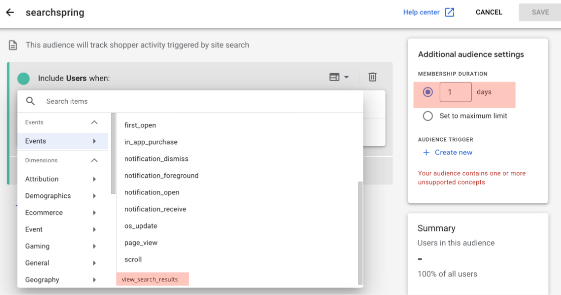 How to create a custom audience for Searchspring on Google Analytics 4 ...
